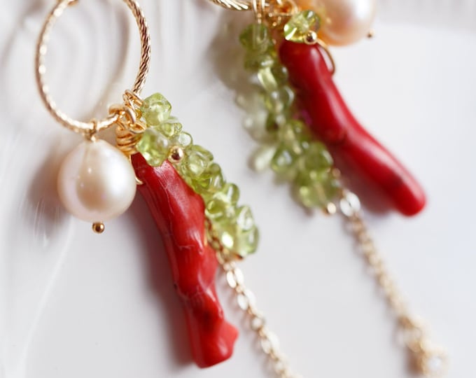Caroline Coral Gemstone Cluster Loop Earrings - Etsy