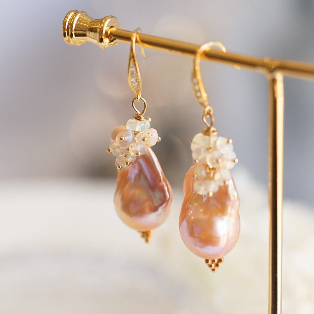 Sylvia Golden Orange Baroque Pearls Opal Cluster Earrings - Etsy