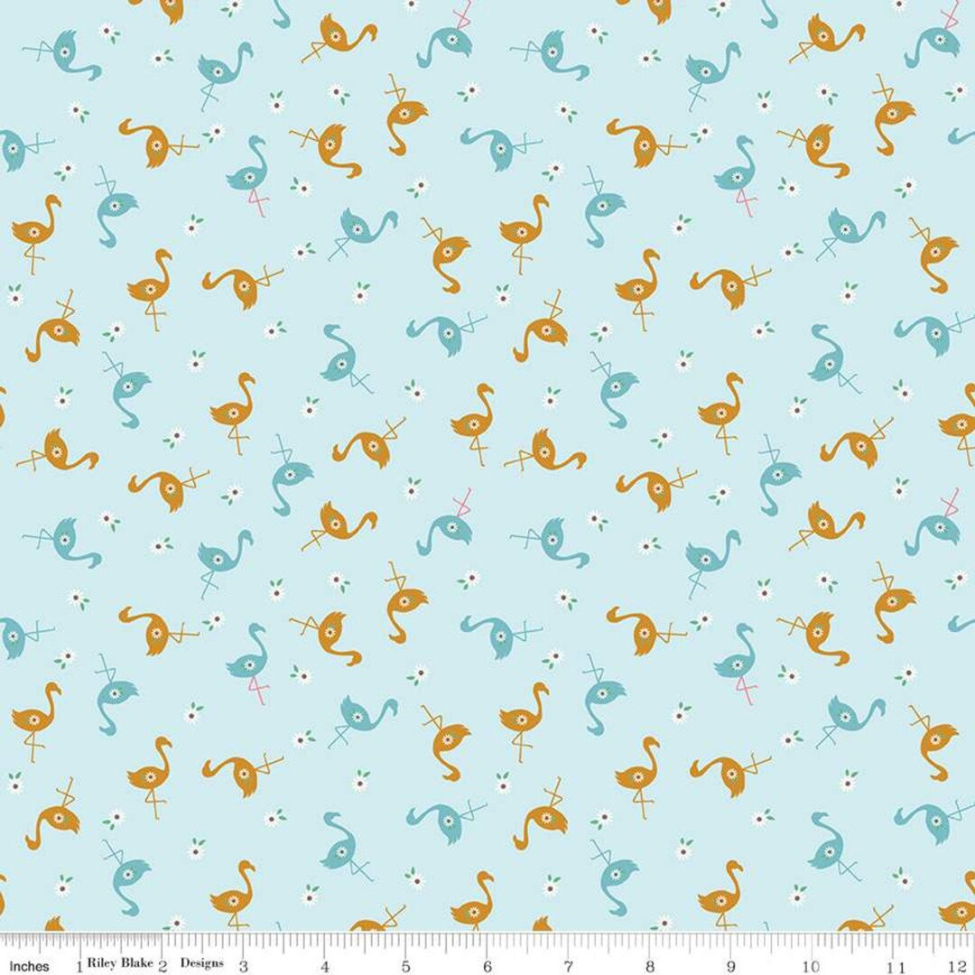 Flamingo Mist Blue Sparkle Gold Fabric Yardage, Stardust by Beverly ...