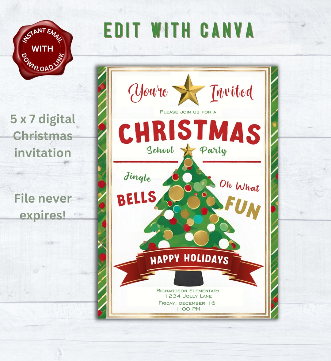 Editable Christmas Party Dinner Invitation, Green Santa Sleigh Holiday ...