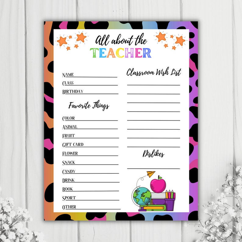 All About the Teacher Questionnaire/ Back to School/ Teacher - Etsy
