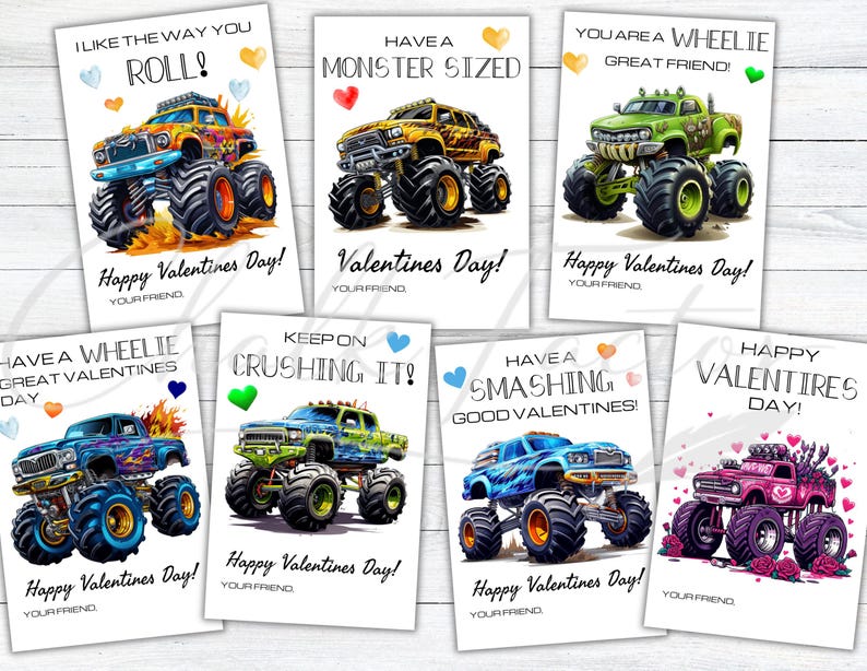 Monster Truck Valentines | 7 Designs, Kids Classroom Cards (instant ...