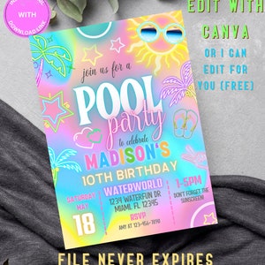 Editable Neon Pool Party Birthday Invitation, Beach Party Invitation ...