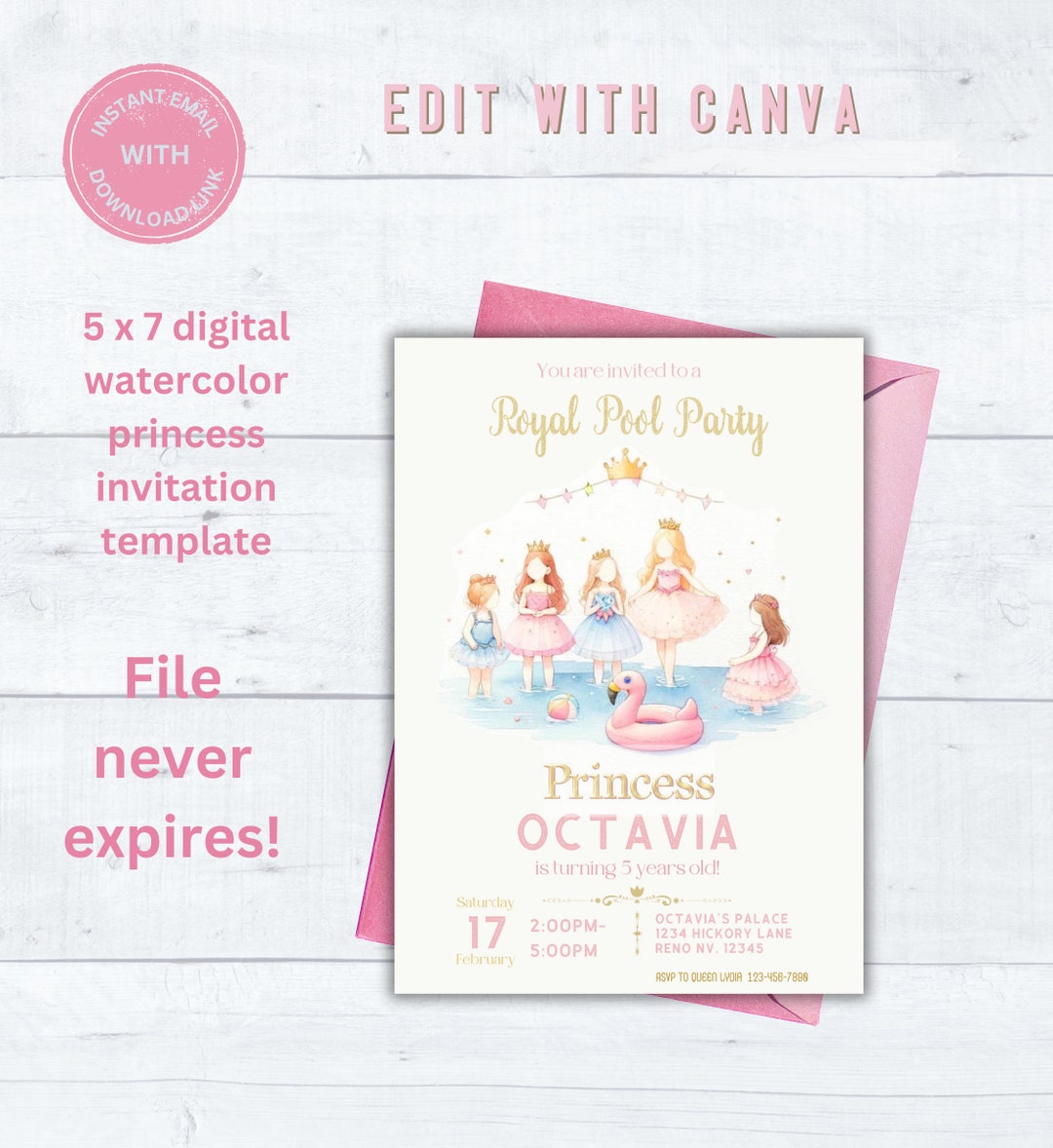 Princess Pool Party Invitation, Watercolor Theme Digital Download - Etsy