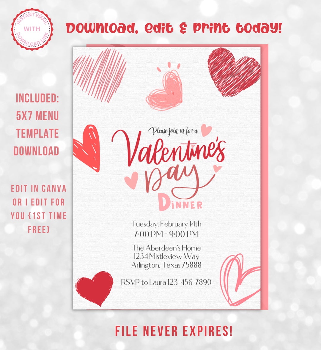 Editable Valentines Day Dinner Party Invitation, Red Valentines Day ...