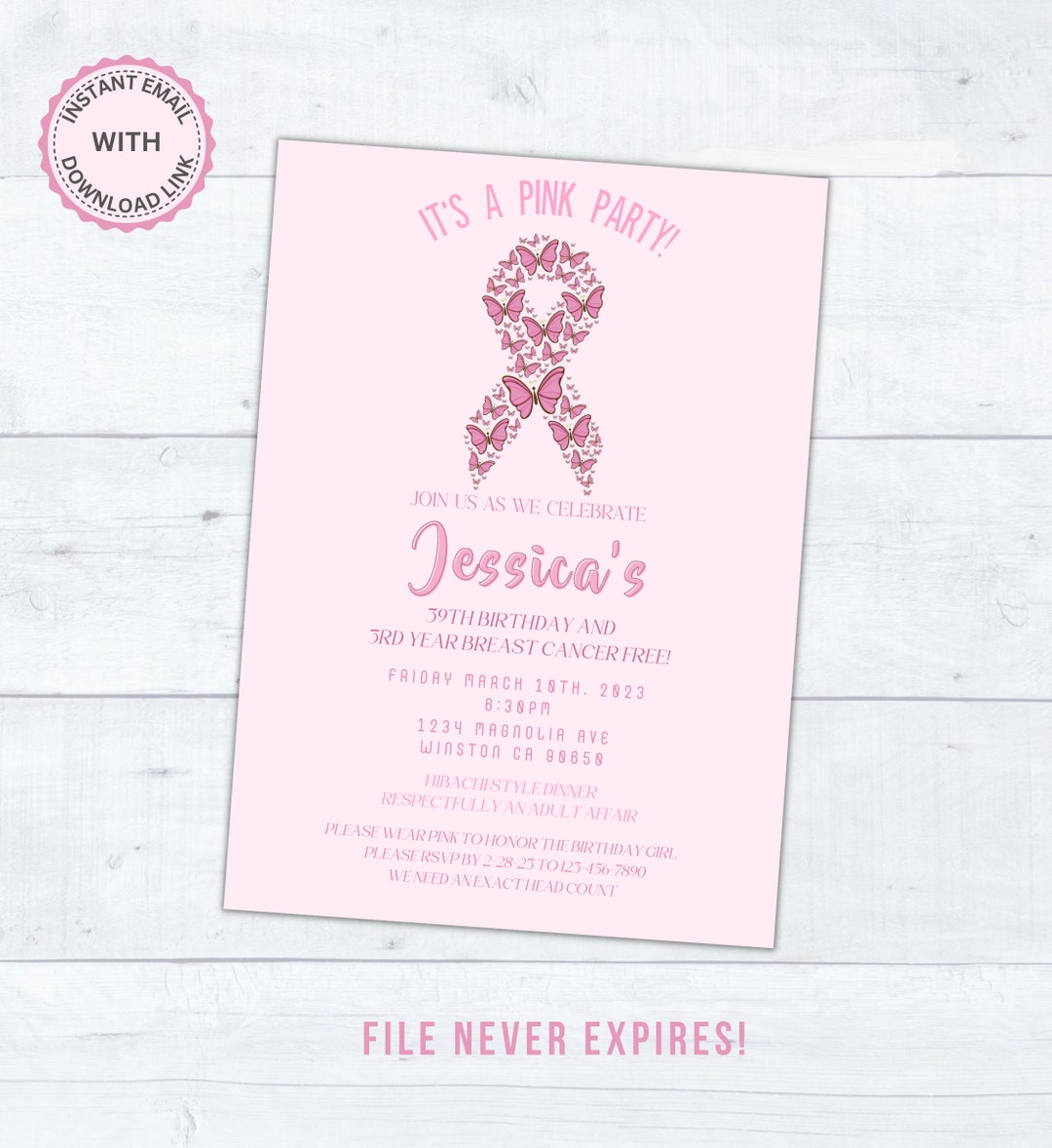 Editable Pink Party Birthday Digital Invitation, Cancer Free Survivor ...