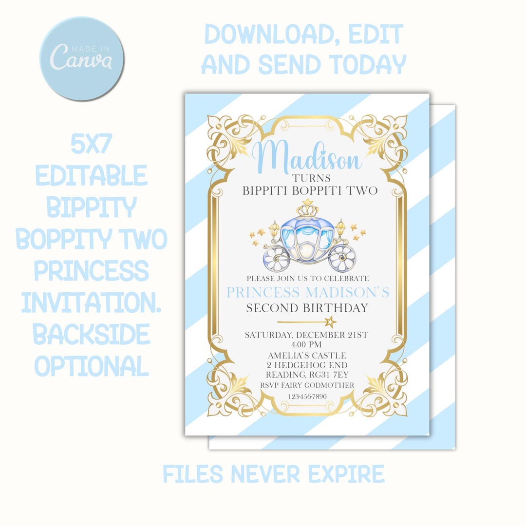 Editable Princess Birthday Party Invitation. Bippity Boppity Two ...