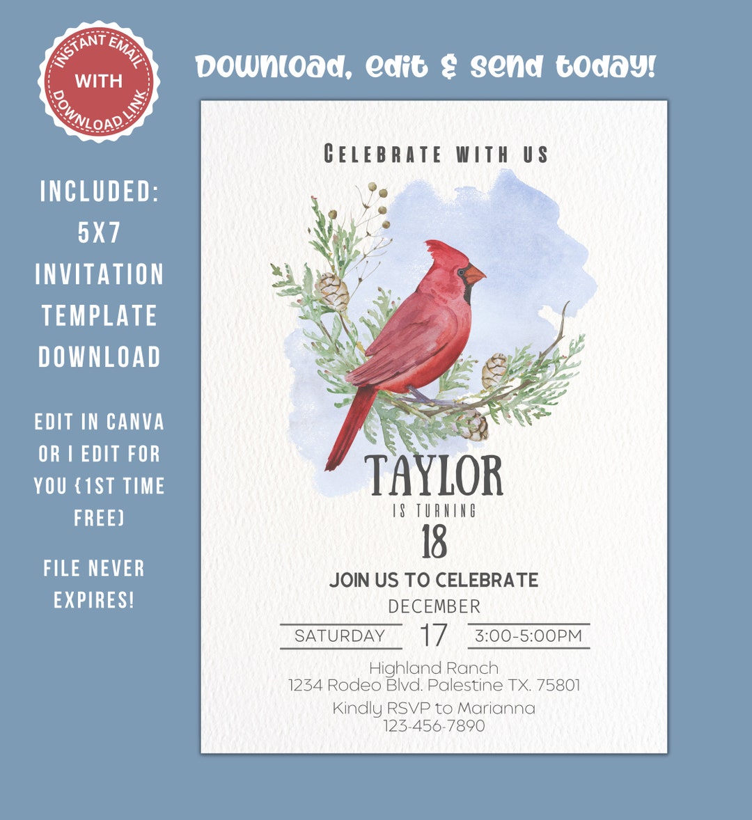 Minimalist Red Cardinal Birthday Invitation | Wild Bird Invitations ...