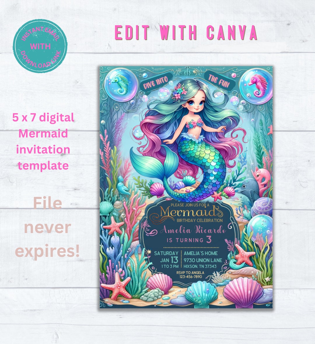 Editable Mermaid Birthday Party Invitation | Digital Download | Canva ...