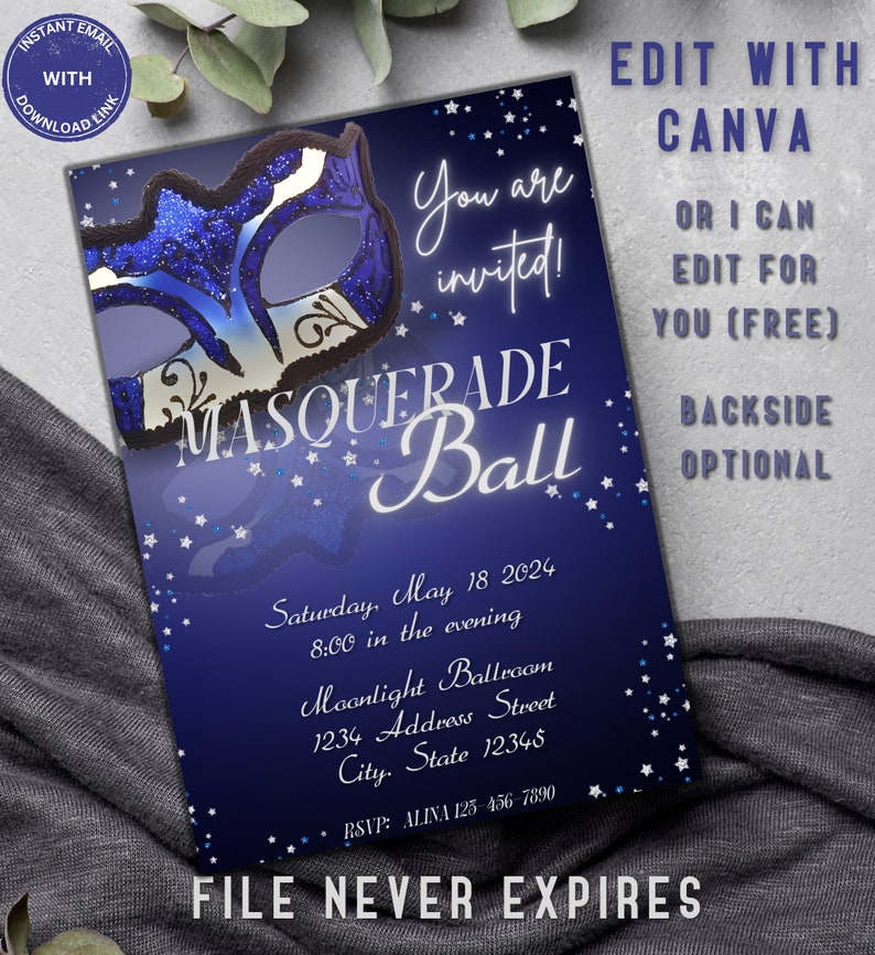 Royal Blue Masquerade Ball Invitation, Editable Mask Party Invite ...