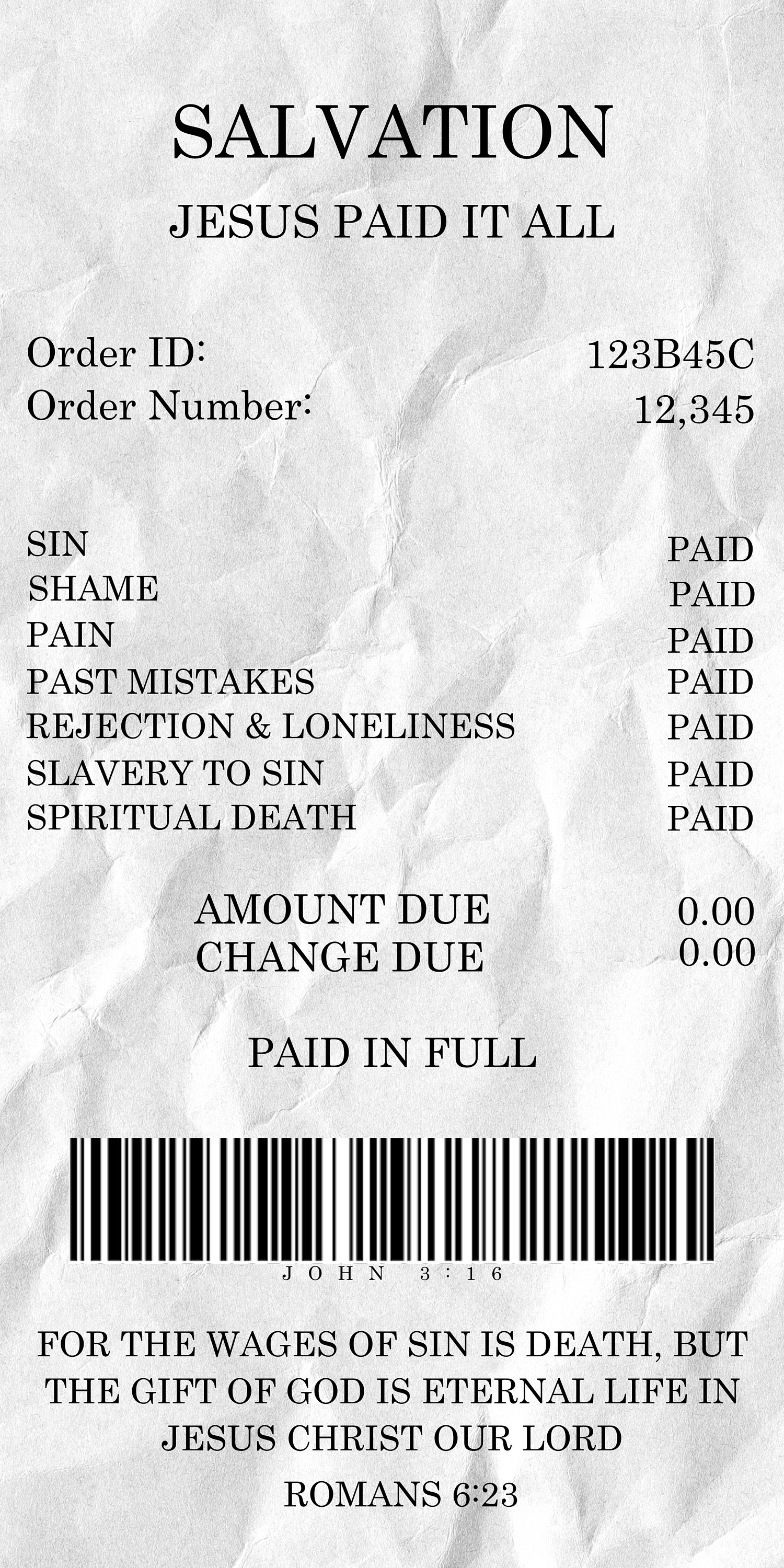 Easter Jesus Paid It All Receipt. Paid in Full Reciept. Salvation ...