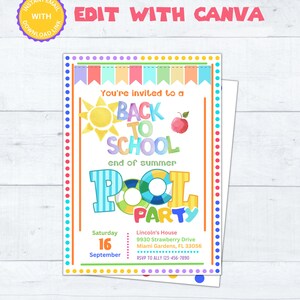 Back to School Pool Party Invitation, End of Summer Editable Canva ...