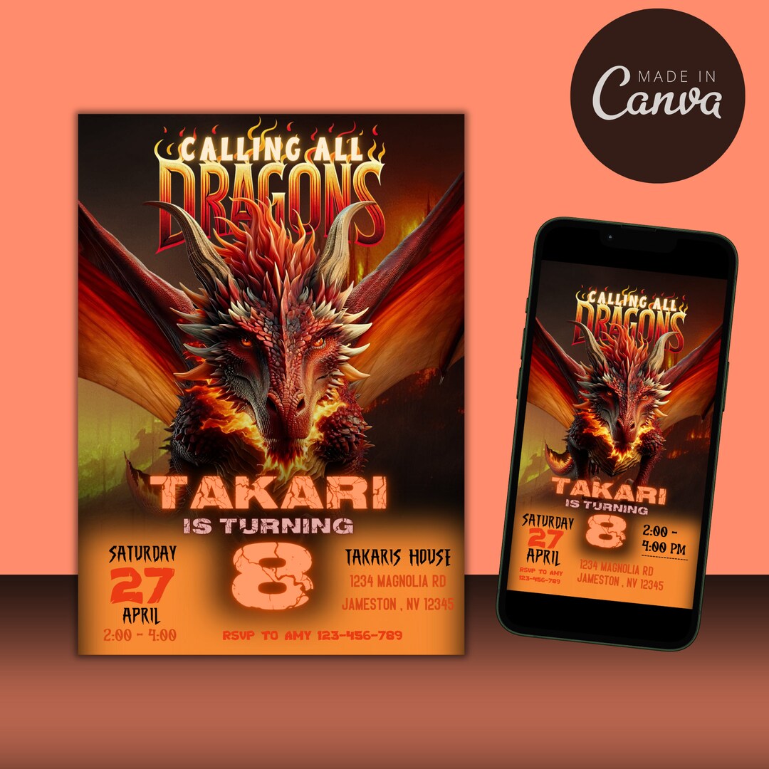 Editable Fierce Fire Dragon Theme Birthday Party Invitation ...