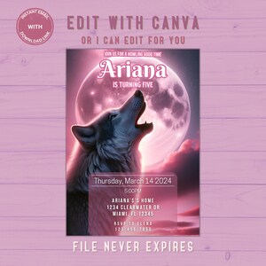 Editable Pink Howling Wolf or Husky Birthday Invitation, Great Gray ...
