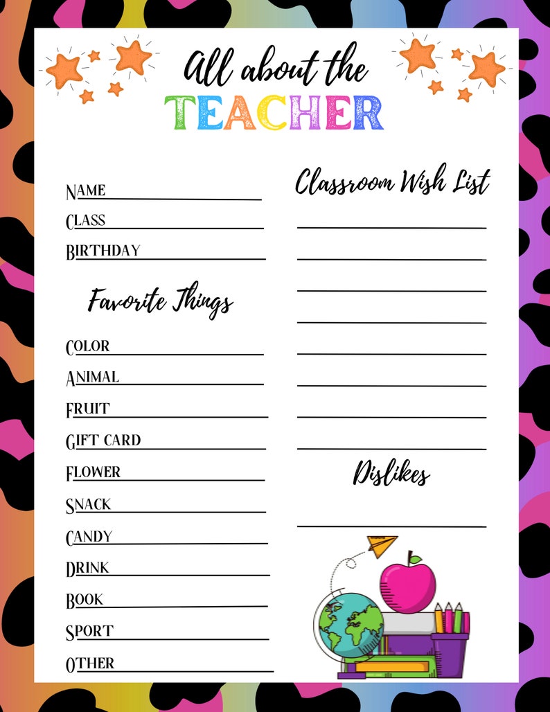 All About the Teacher Questionnaire/ Back to School/ Teacher - Etsy