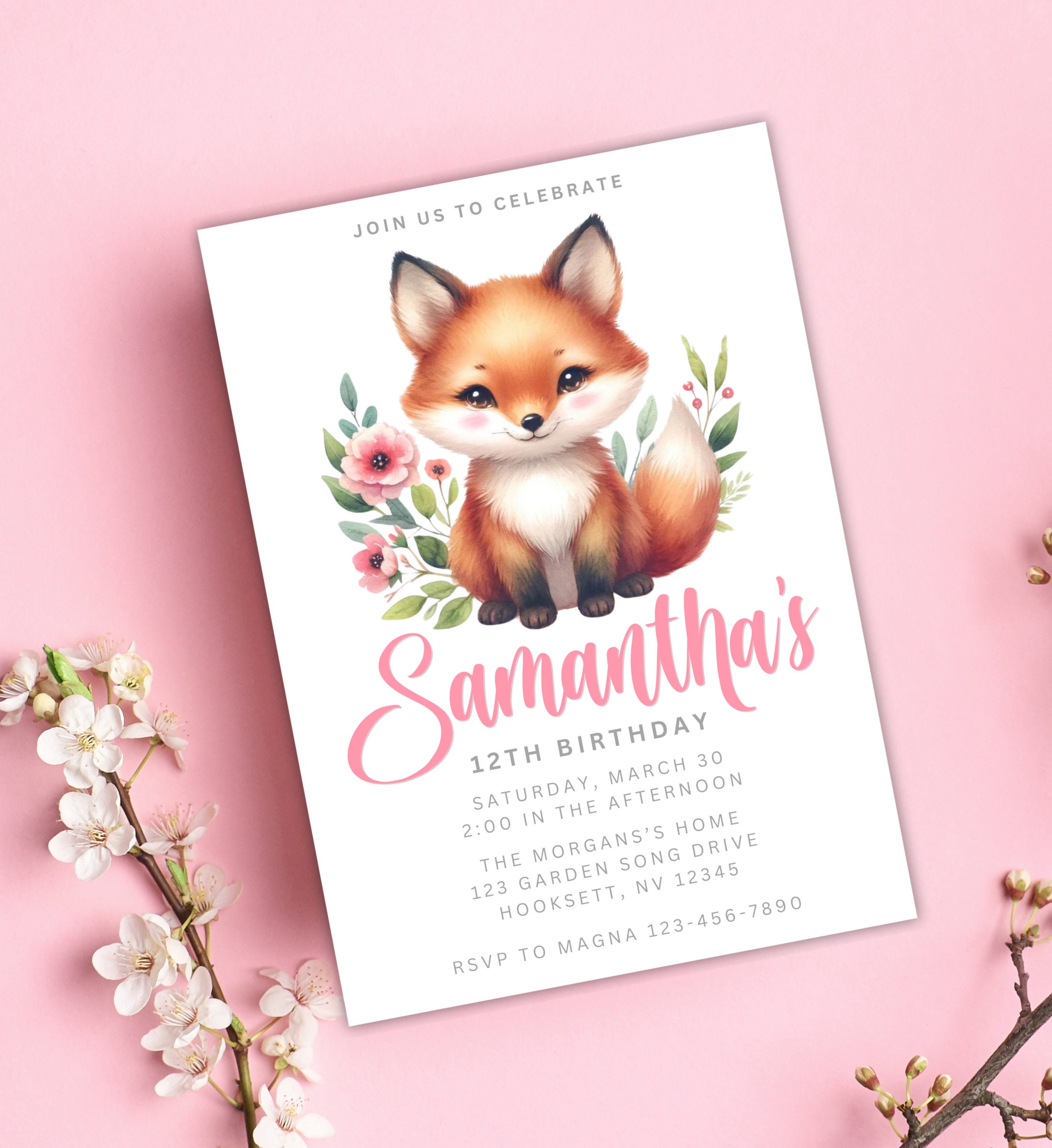 Editable Watercolor Red Fox Theme Birthday Party Invitation, Minimalist ...