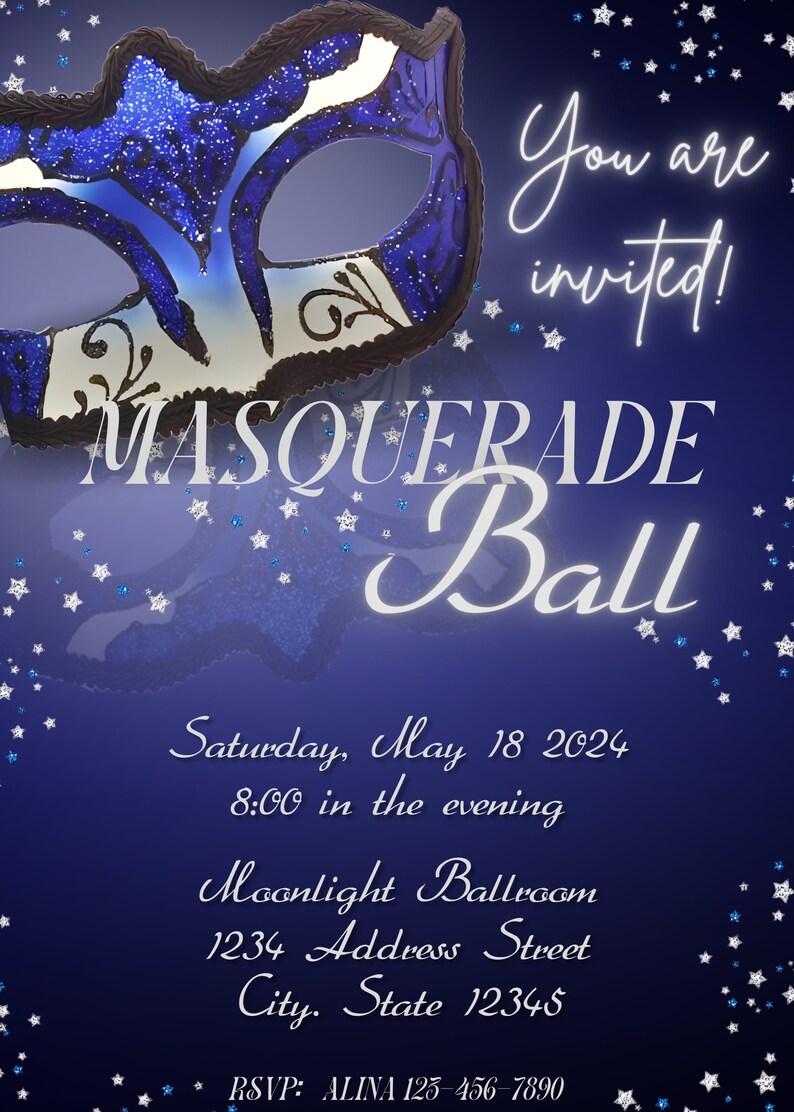 Royal Blue Masquerade Ball Invitation, Editable Mask Party Invite ...