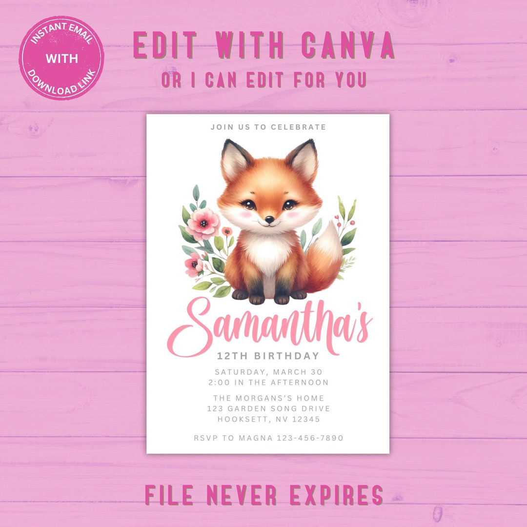 Editable Watercolor Red Fox Theme Birthday Party Invitation, Minimalist ...