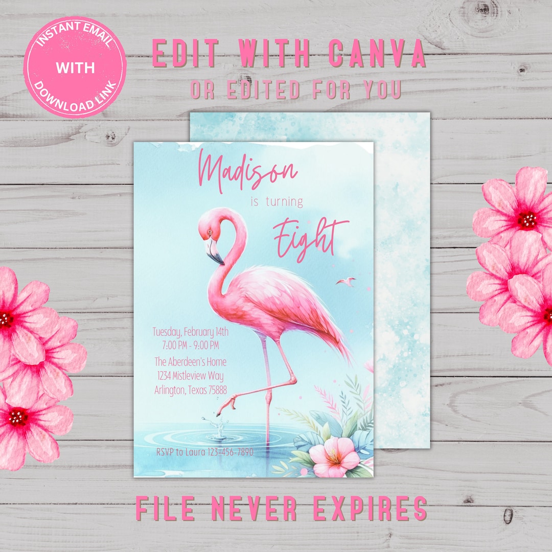 Editable Watercolor Pink Flamingo Theme Birthday Invitation,tropical ...