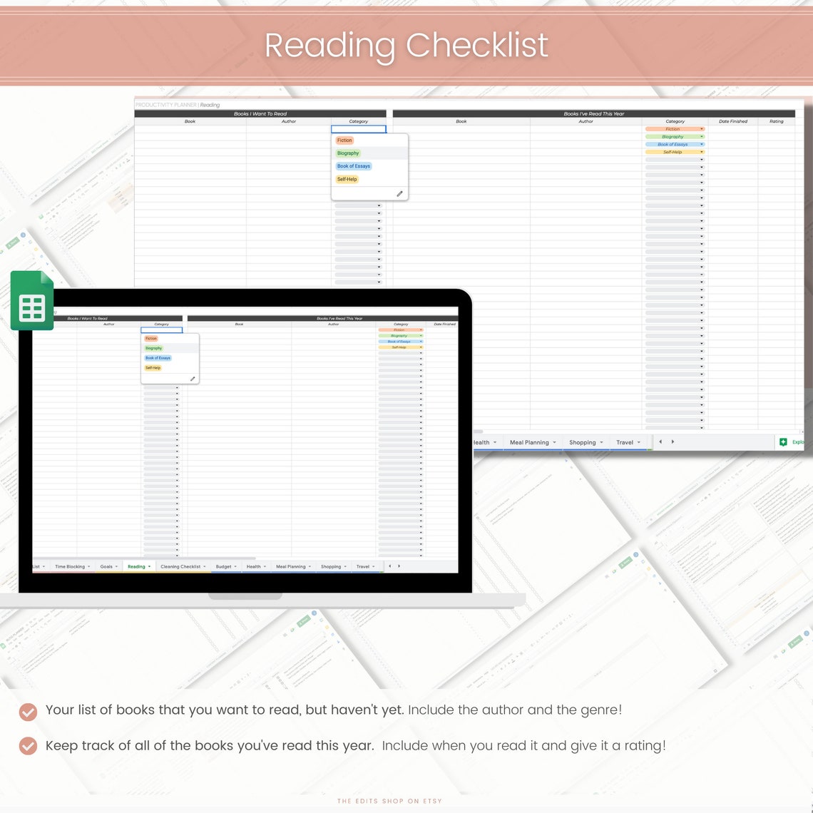 Productivity Planner Google Sheets Digital Planner Meal Planner Sheets ...