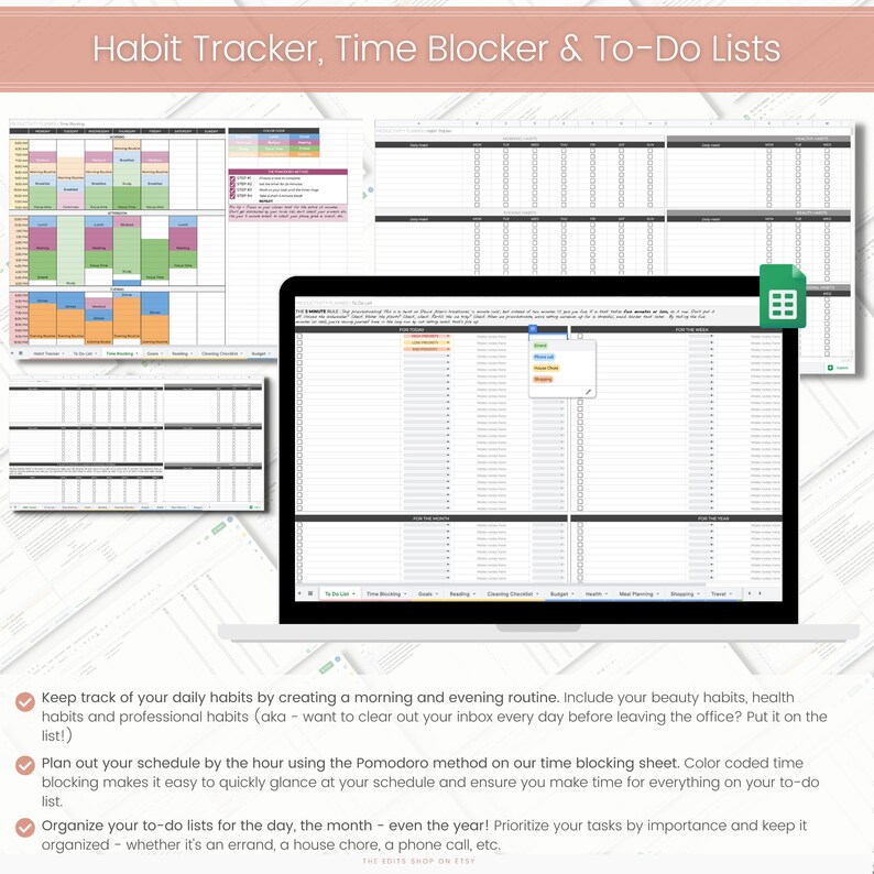 Productivity Planner | Google Sheets Digital Planner | Meal Planner ...
