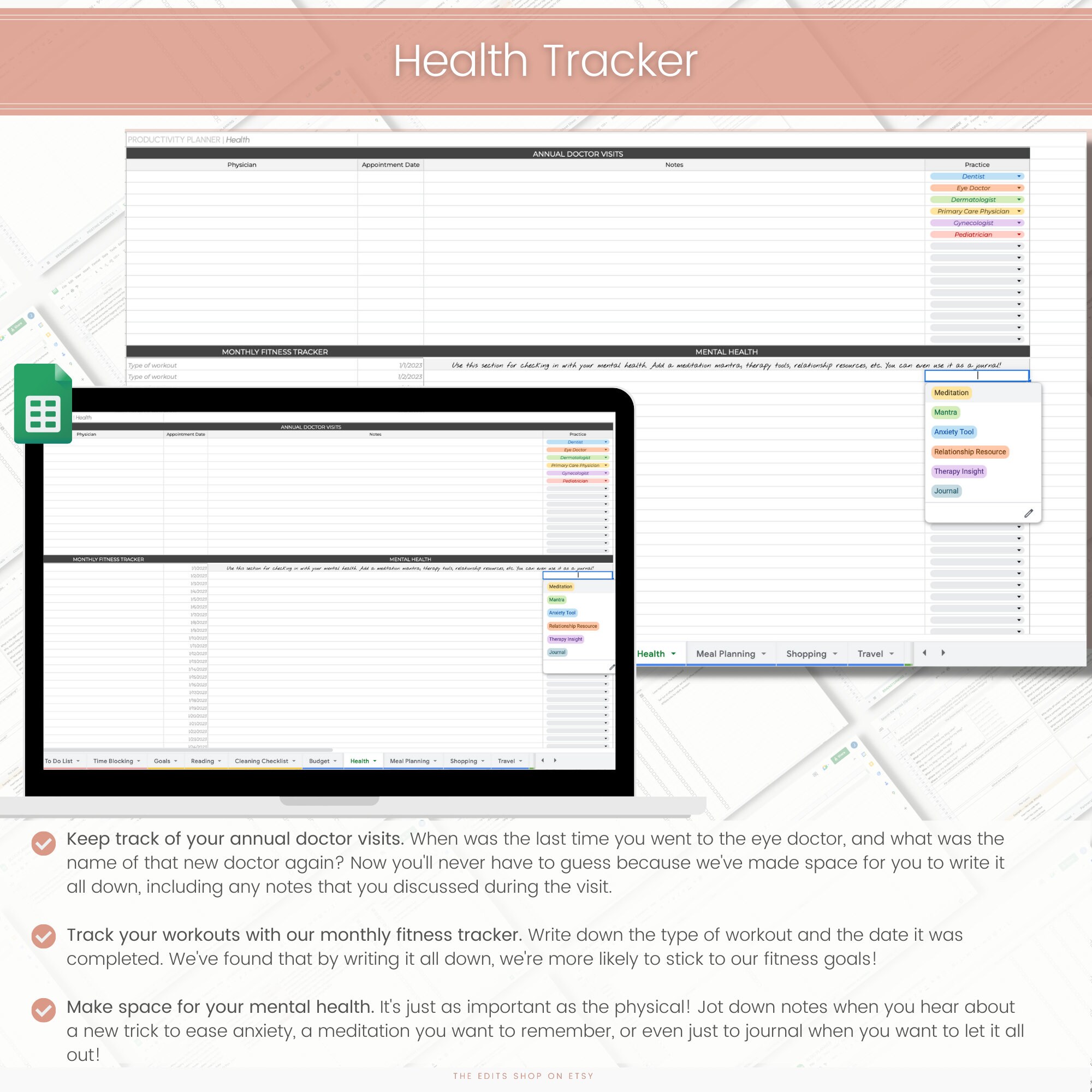Productivity Planner Google Sheets Digital Planner Meal Planner Sheets ...