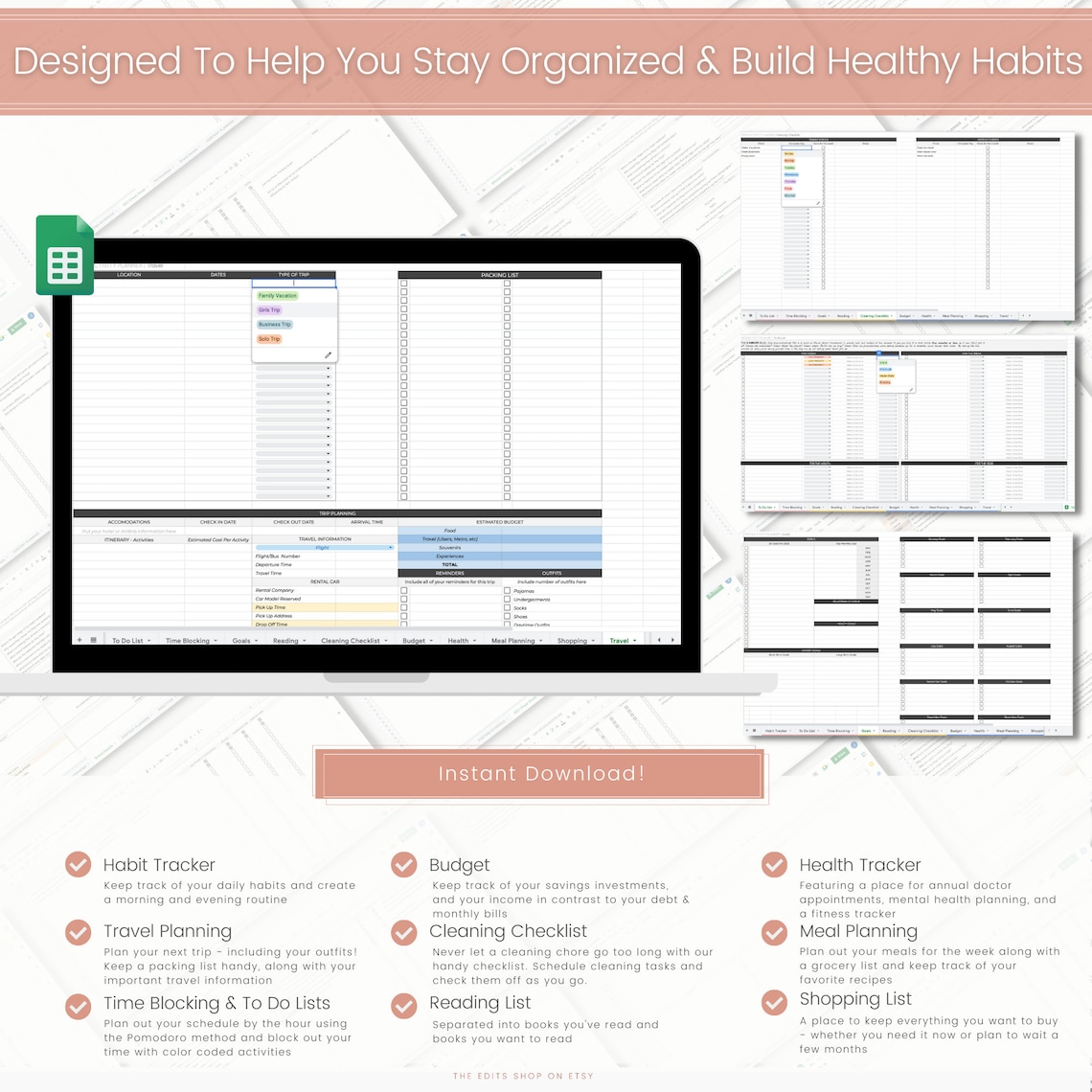 Productivity Planner Google Sheets Digital Planner Meal Planner Sheets ...