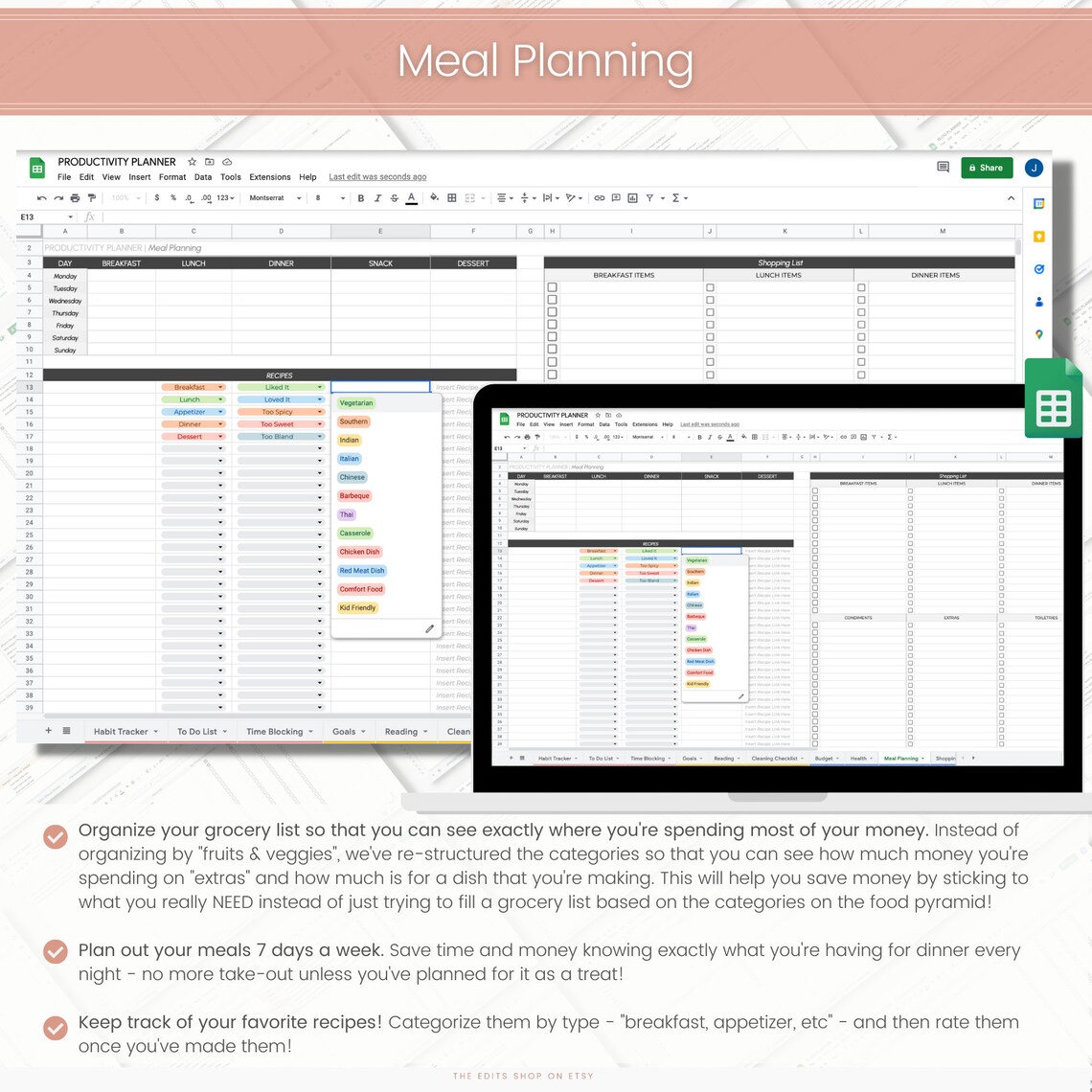 Productivity Planner Google Sheets Digital Planner Meal - Etsy