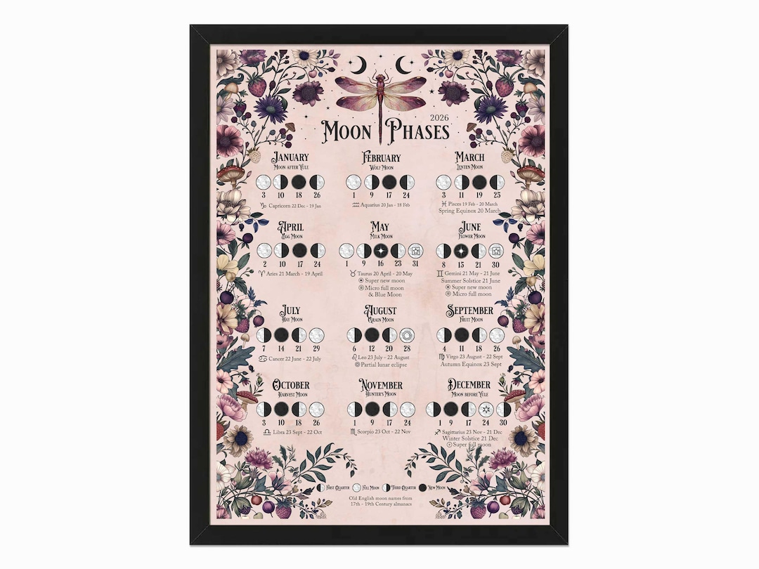 Moon Calendar 2026, Lunar Calendar Printable Poster. Witch Moon Phases ...