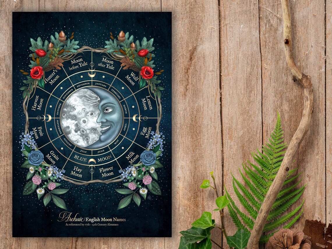 Moon Calendar Printable Art Old English Moon Names Witch Calendar ...