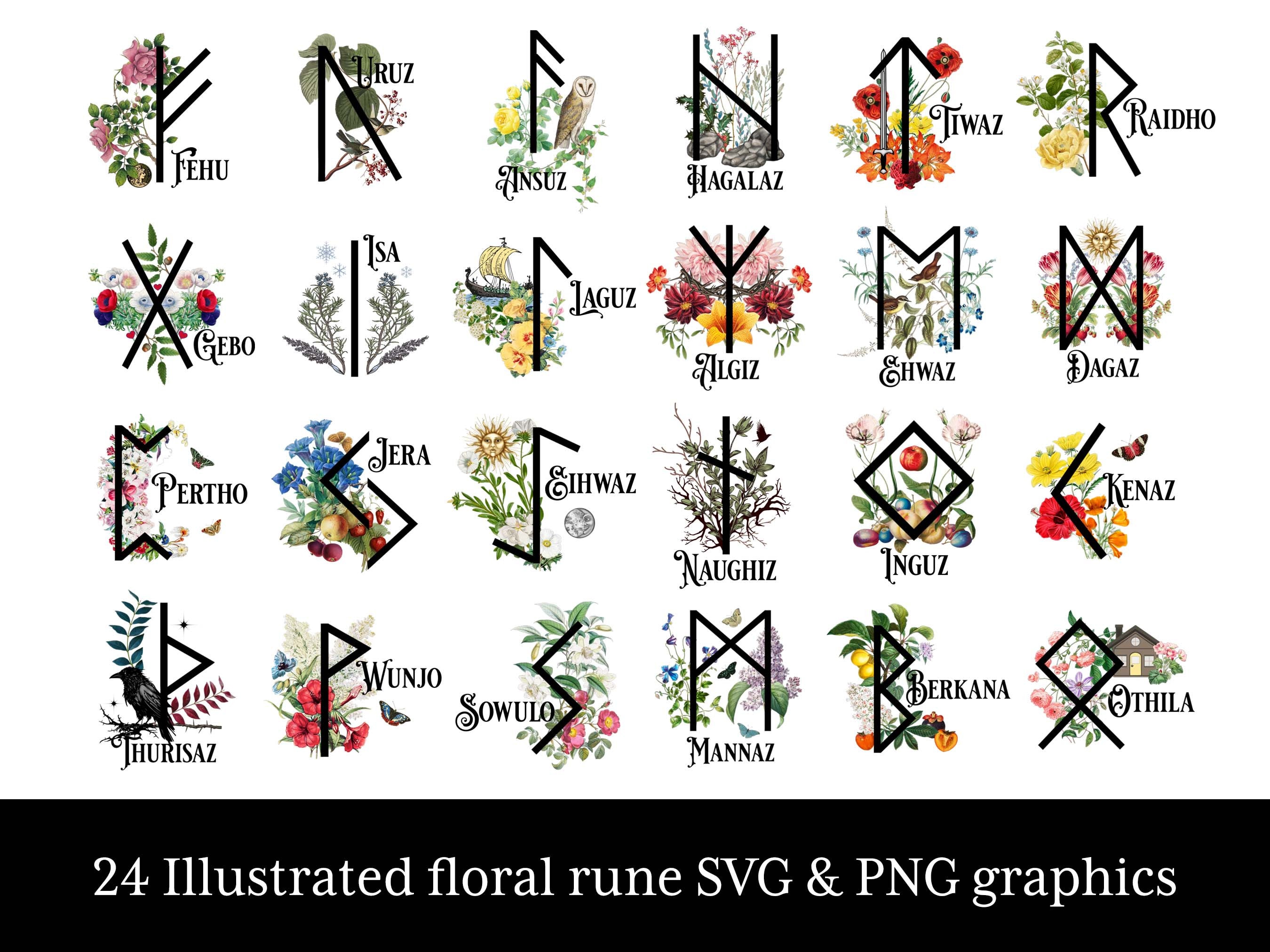 Illustrated Floral Runes, Witchy SVG & PNG, Witchcraft Magic Wicca ...