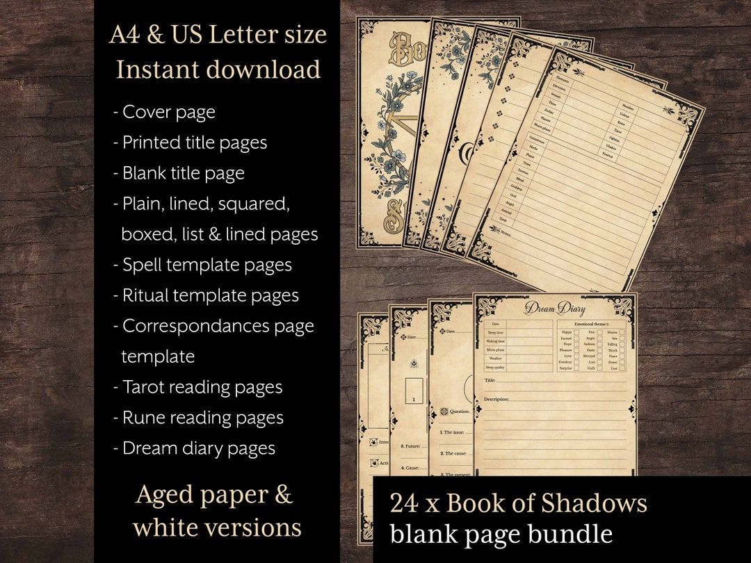24 Book of Shadows Blank Printable Pages Bundle, Grimoire, Witchcraft ...
