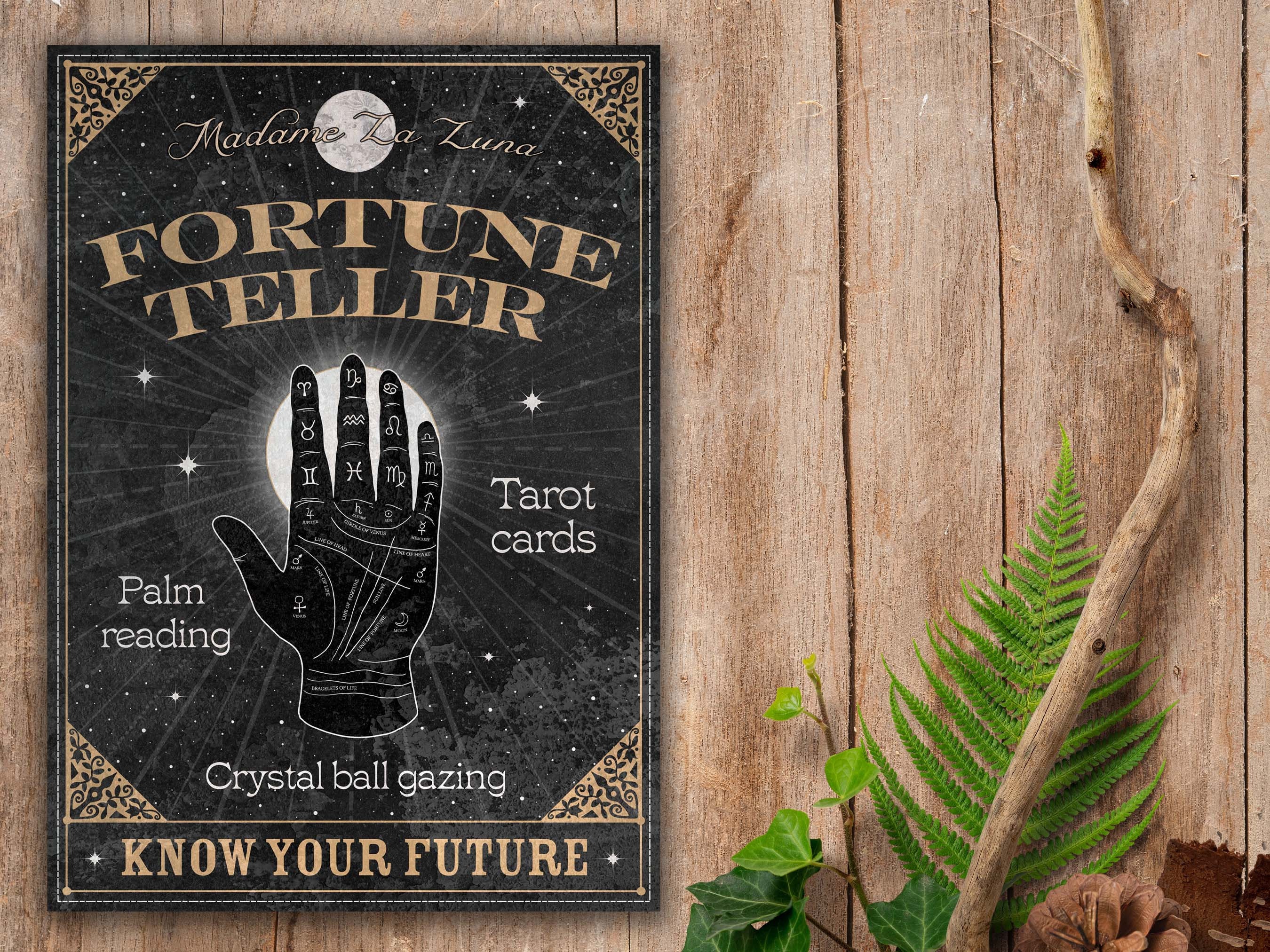 Personalised Fortune Teller Printable, Vintage Style Palm Reading Sign ...