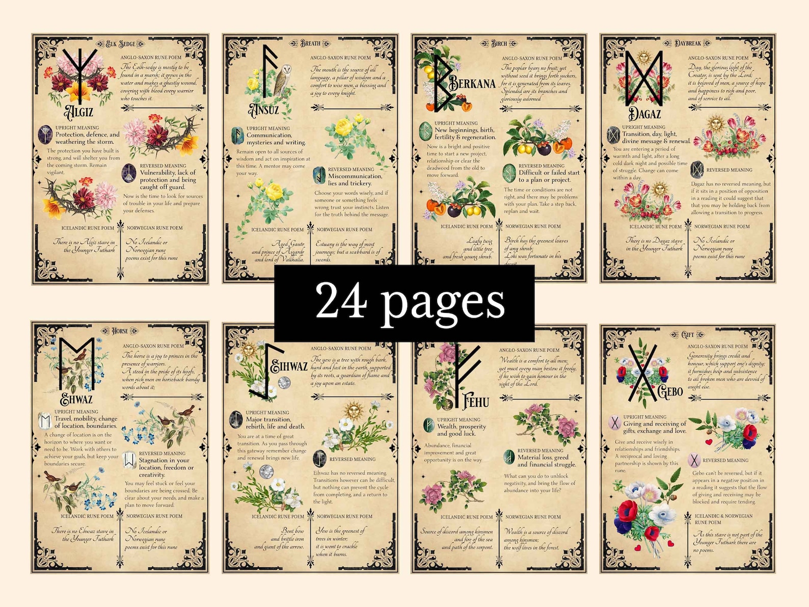 24 Rune Book of Shadows Printable Pages A4, Grimoire Pages, Witchcraft ...