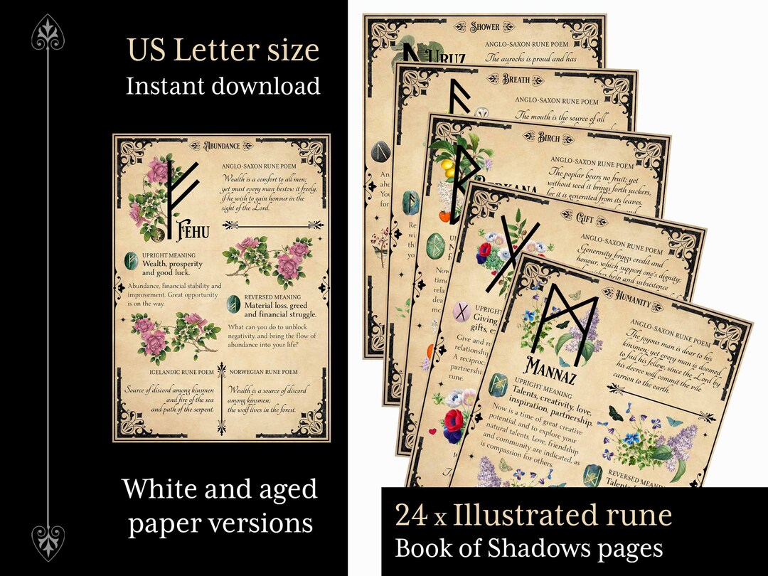 24 Rune Book of Shadows Printable Pages US Letter, Grimoire Pages ...