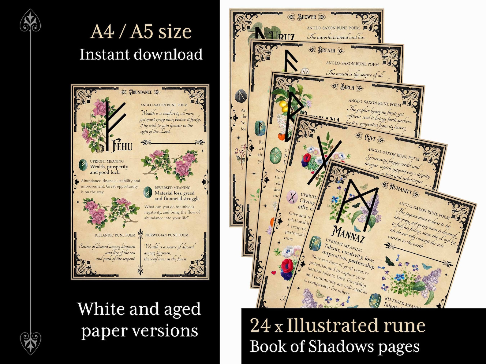 24 Rune Book of Shadows Printable Pages A4, Grimoire Pages, Witchcraft ...