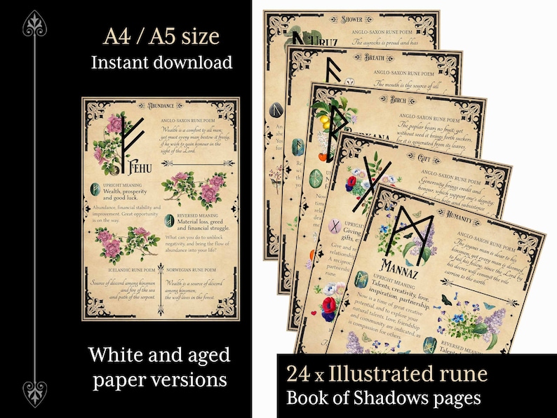 24 Rune Book of Shadows Printable Pages A4, Grimoire Pages, Witchcraft ...
