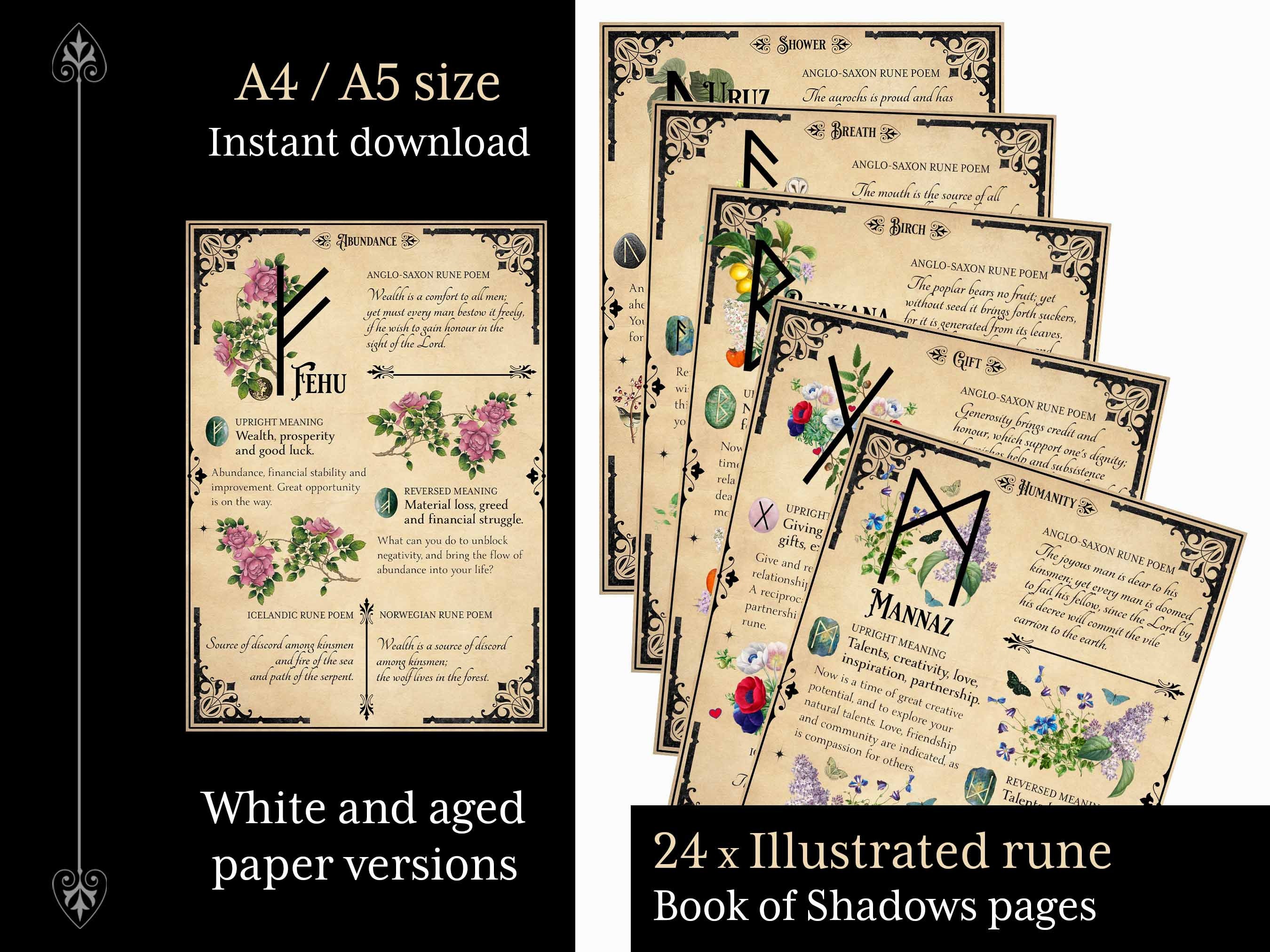 24 Rune Book of Shadows Printable Pages A4, Grimoire Pages, Witchcraft ...