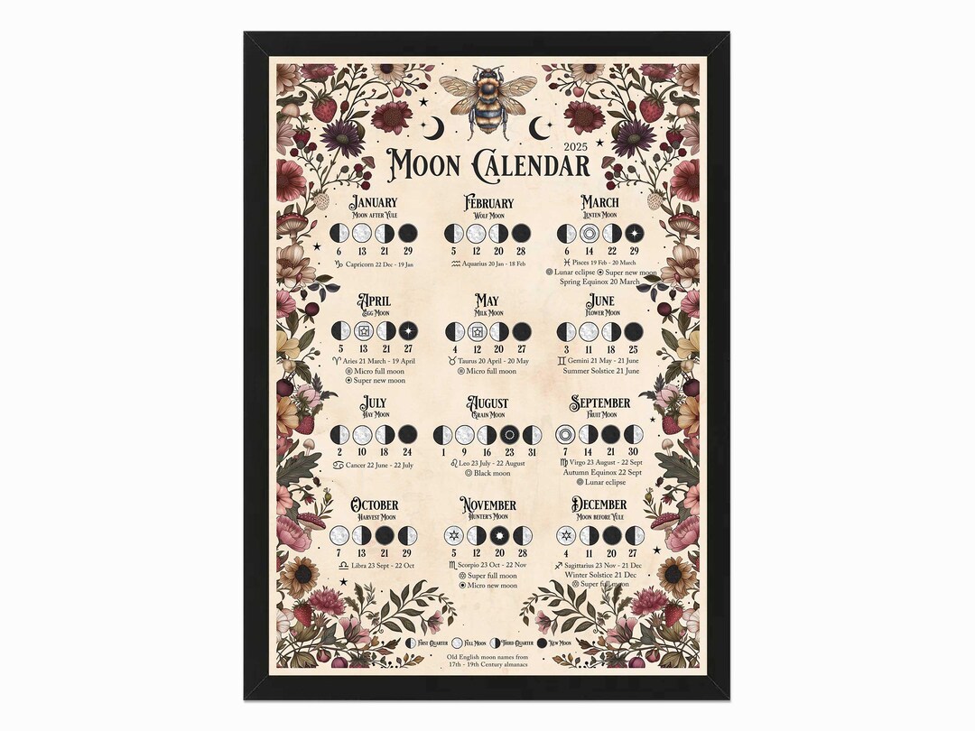 Moon Calendar 2025, Lunar Calendar Printable Poster. Witch Moon Phases ...