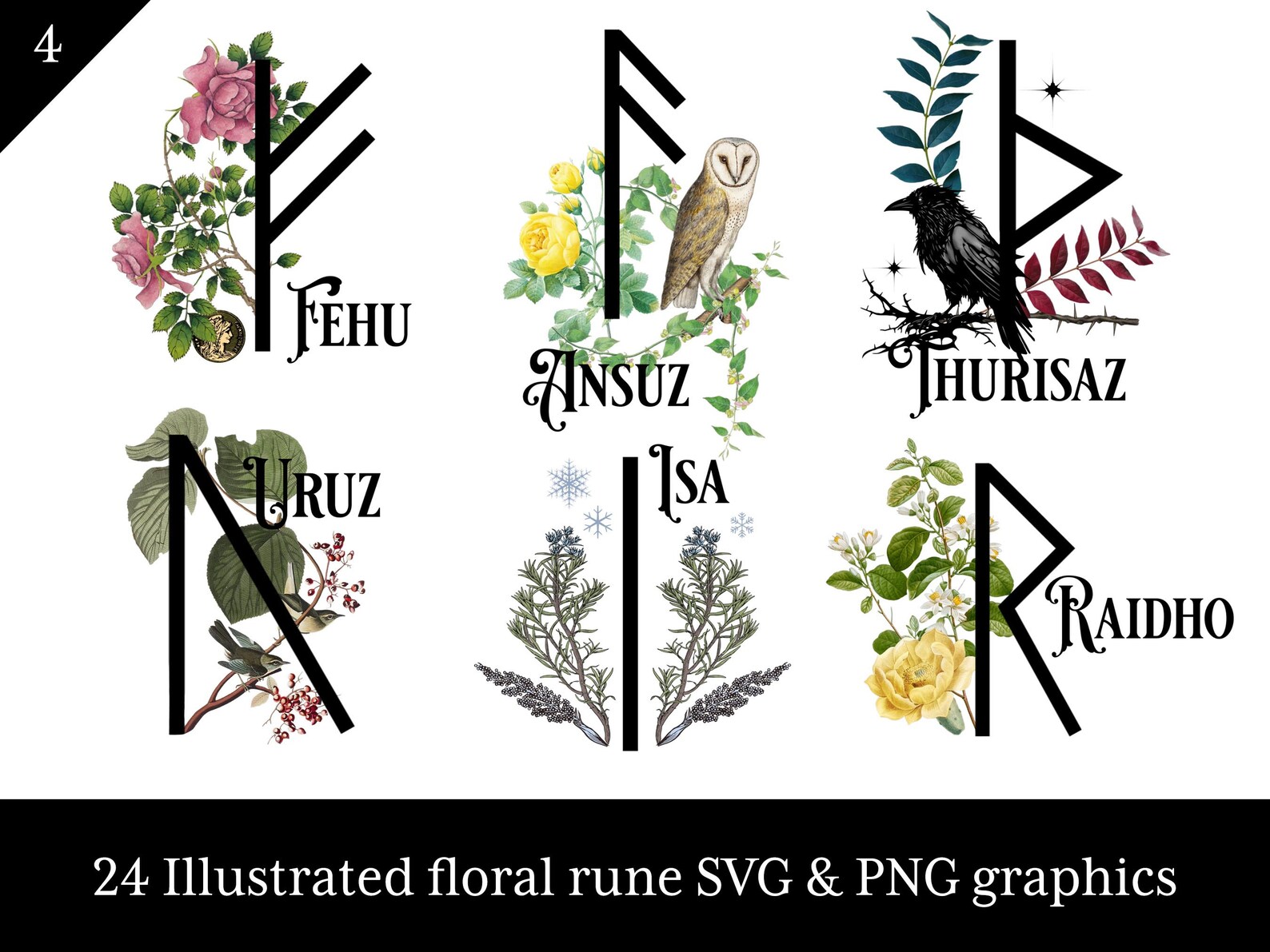Illustrated Floral Runes, Witchy SVG & PNG, Witchcraft Magic Wicca ...