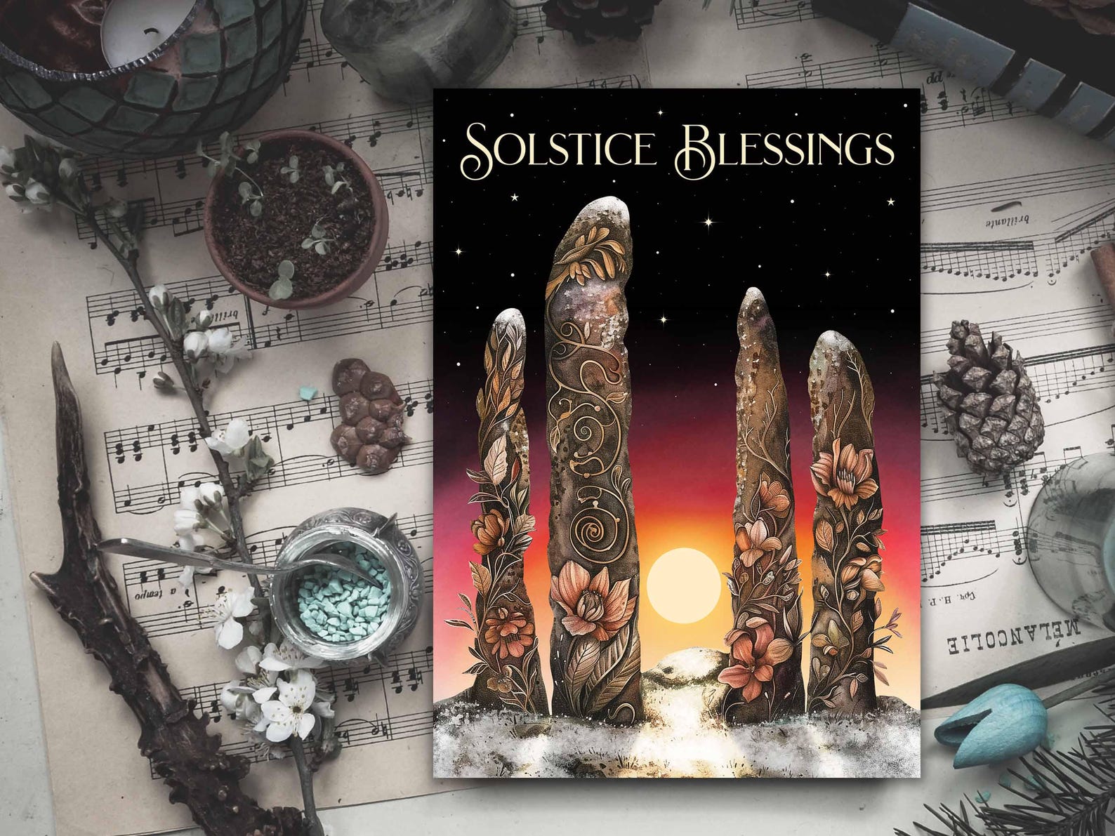 Winter Solstice Blessings Yule Cards, Yuletide Printable Greeting Cards ...