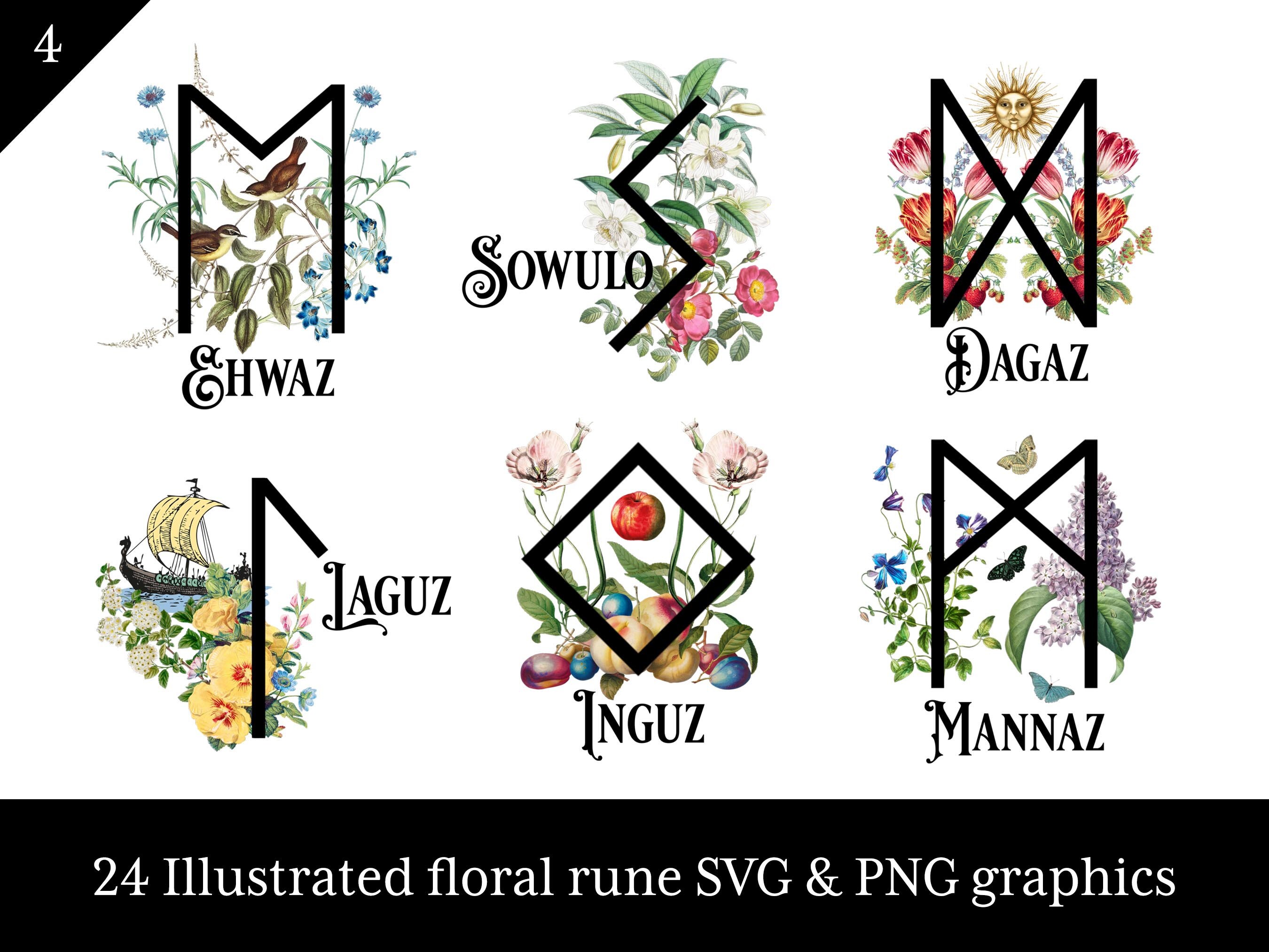 Illustrated Floral Runes, Witchy SVG & PNG, Witchcraft Magic Wicca ...