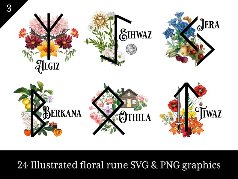 Illustrated Floral Runes, Witchy SVG & PNG, Witchcraft Magic Wicca ...
