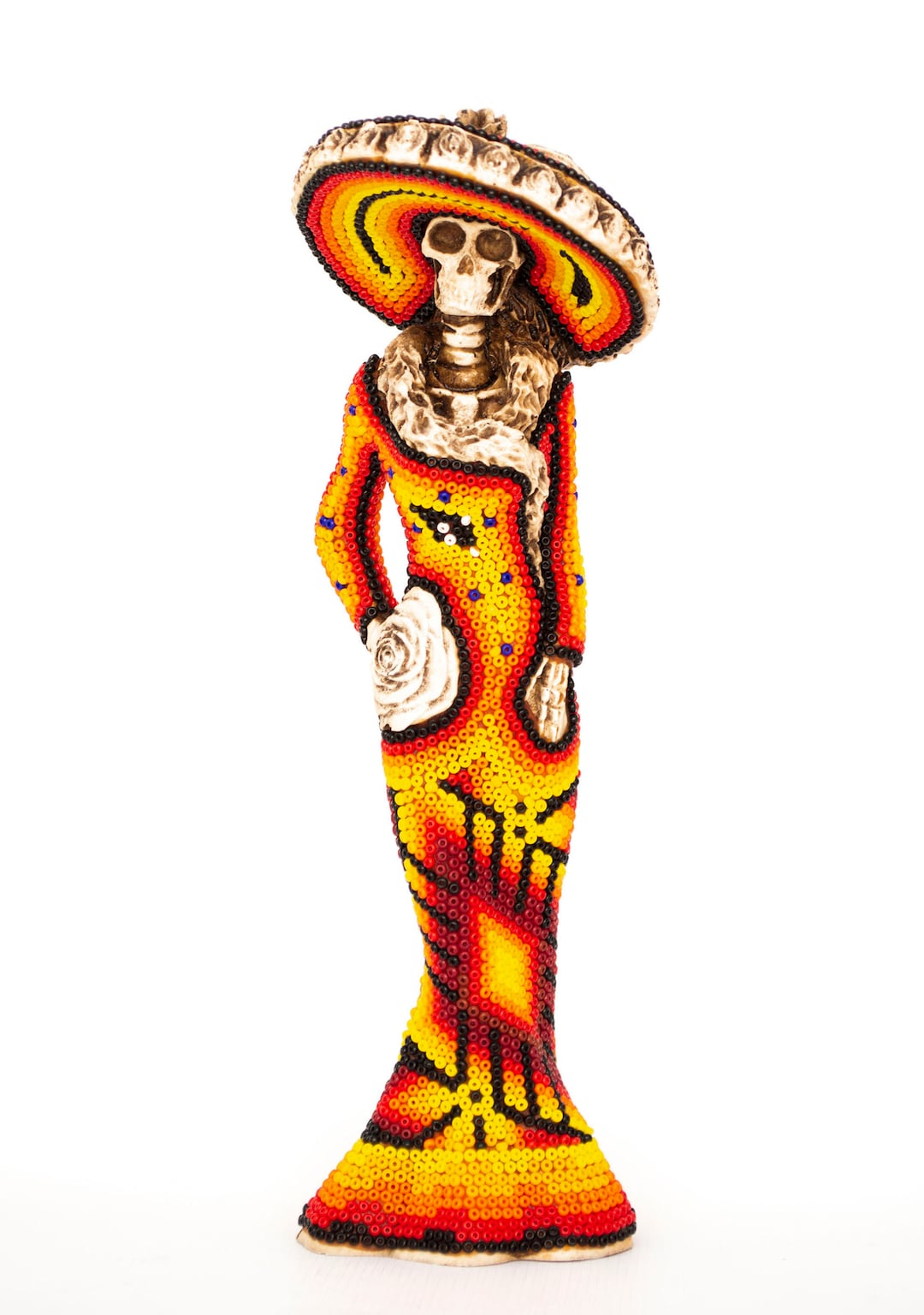 Wixaritari huichol Folk Art Sugar Skull Orange Rose Catrina Day of Dead ...