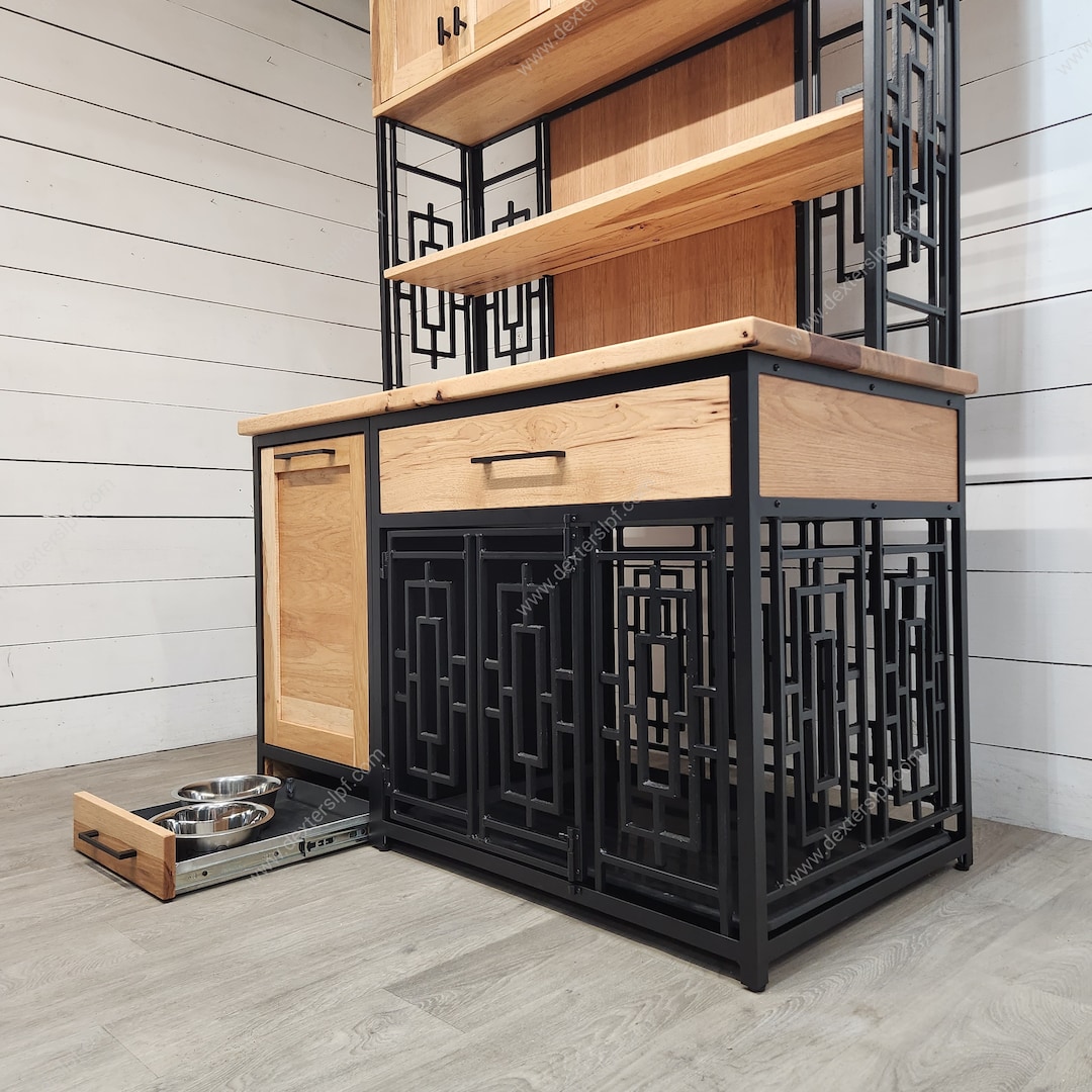 Custom Hickory Pet Hutch, Daisy Design Dog Crate Furniture With Feeding ...