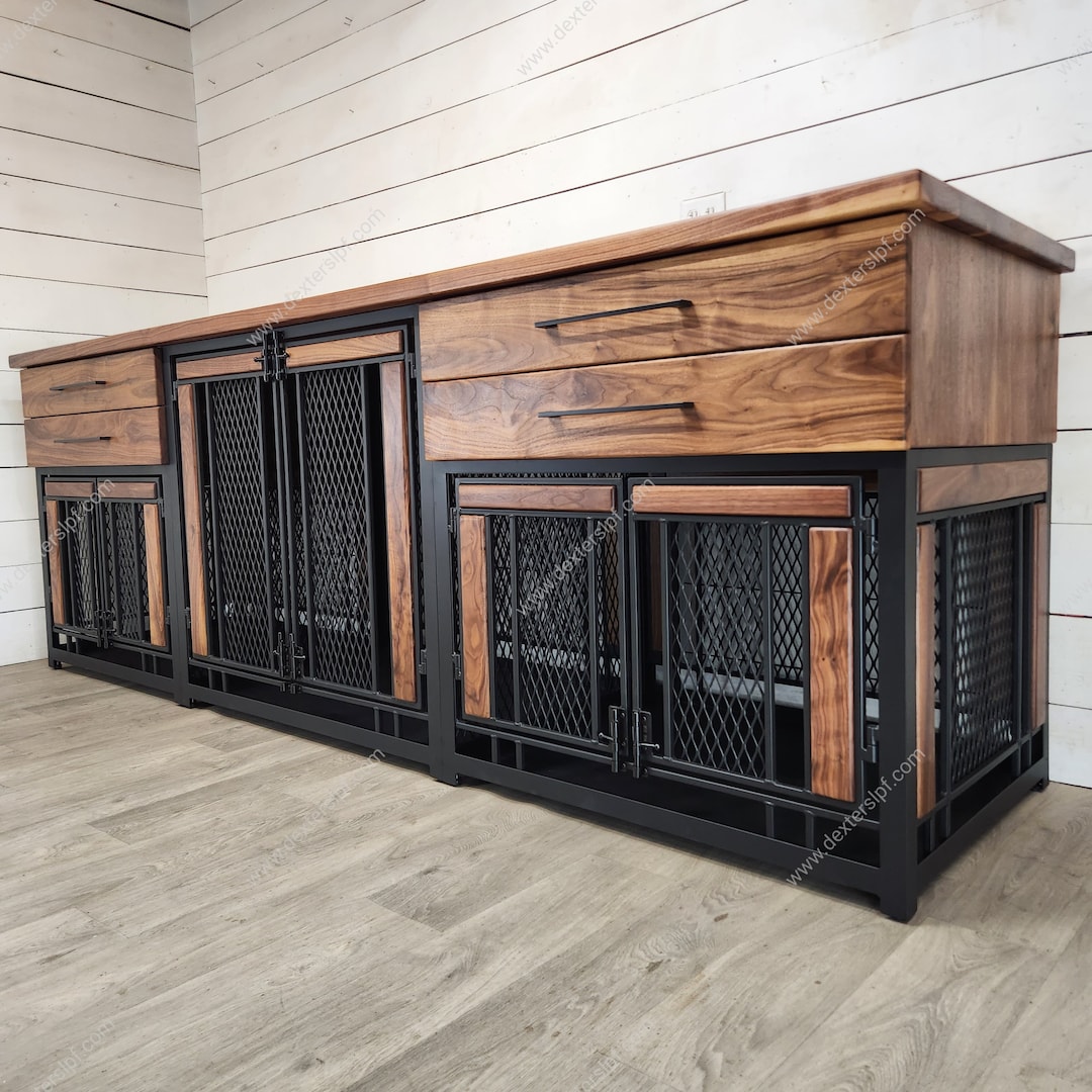 Finnian Triple Dog Crate Furniture, Black Walnut & Steel Kennel - Etsy