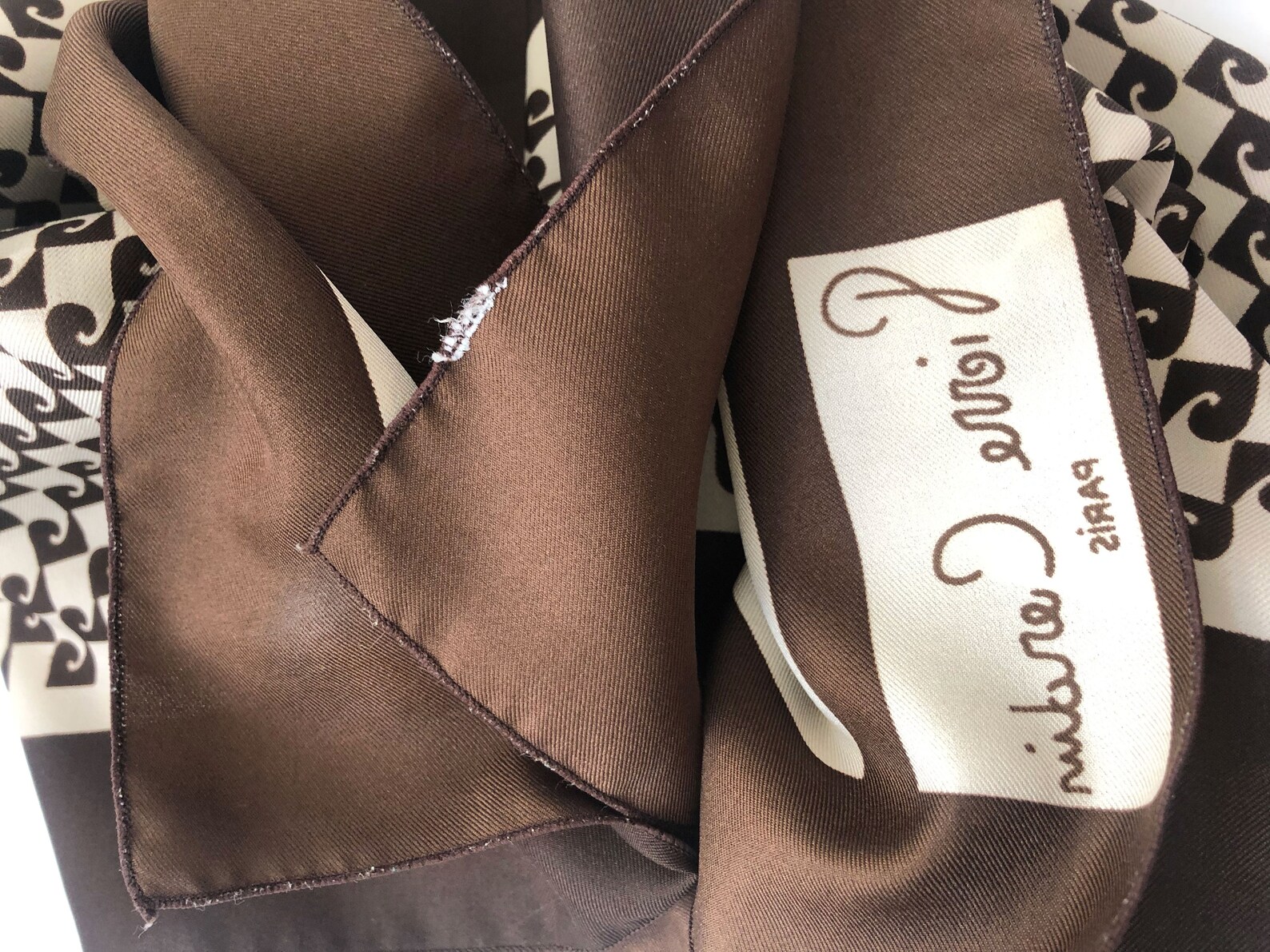 1970's Pierre Cardin Logo Pattern Poly Scarf in Chocolate Brown and ...