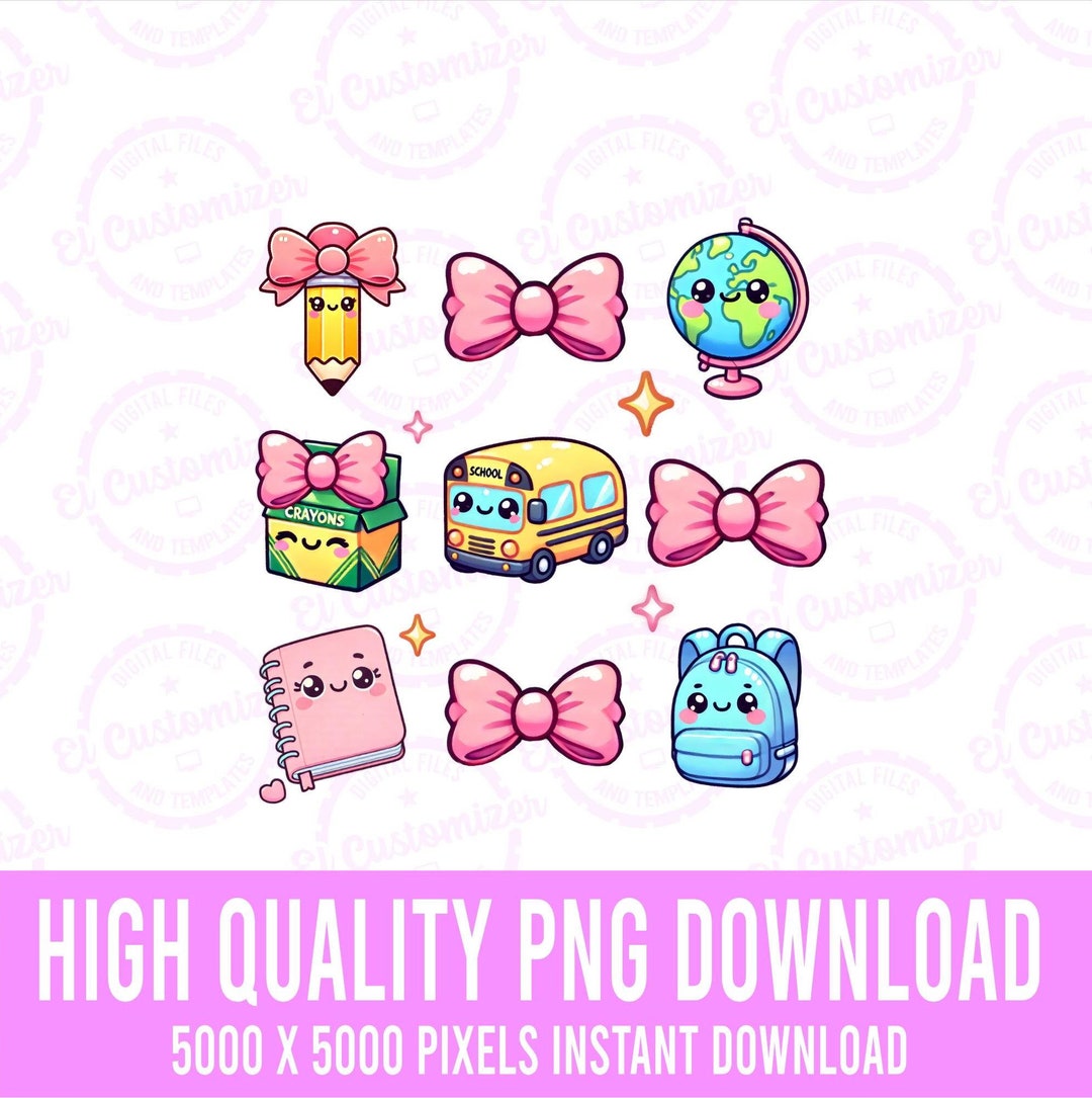 Coquette Teacher PNG: Kawaii School Supplies, Pink Bows (digital File ...