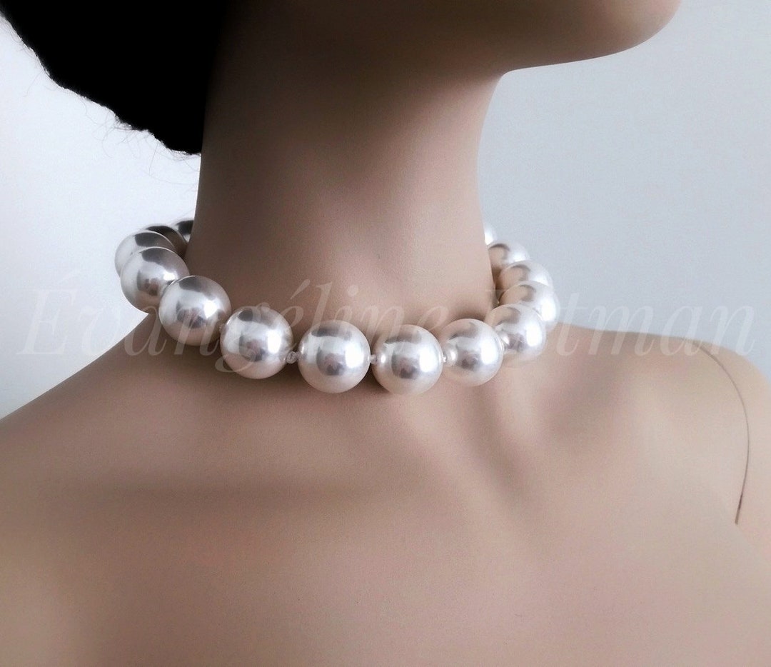 VALENTINA Large Pearl Necklace. Big Pearl Choker Necklace. Tie Choker ...