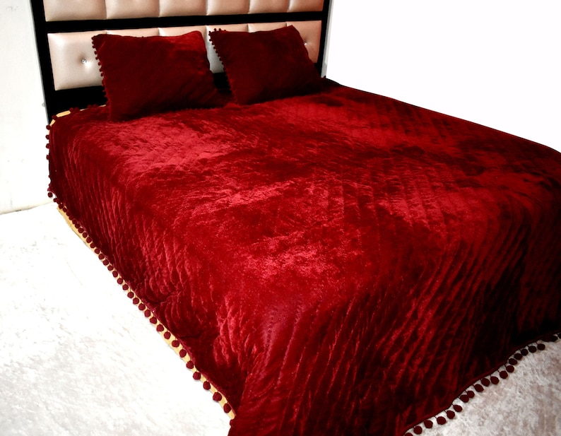 Deep Red Velvet Quilt: King/queen Bedding Set With Pompoms Blankets ...